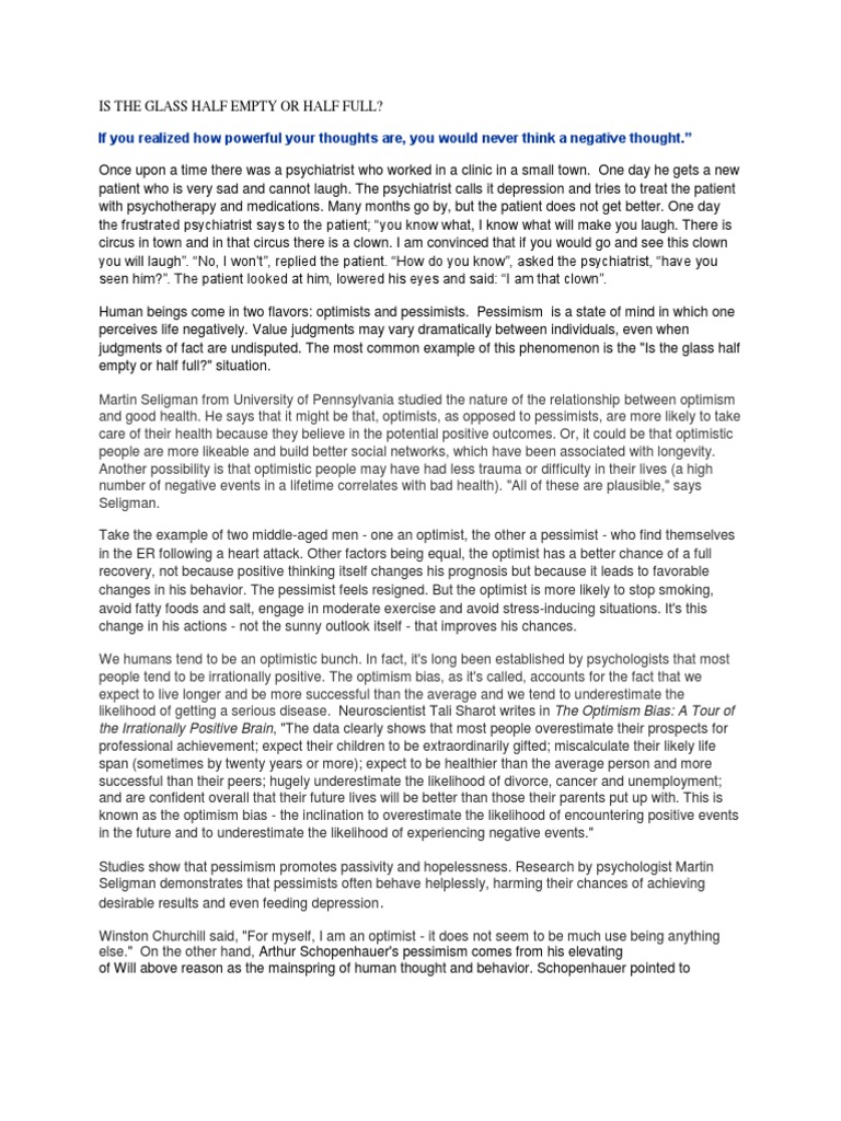 Is The Glass Half Empty or Half Full | PDF | Optimism | Pessimism