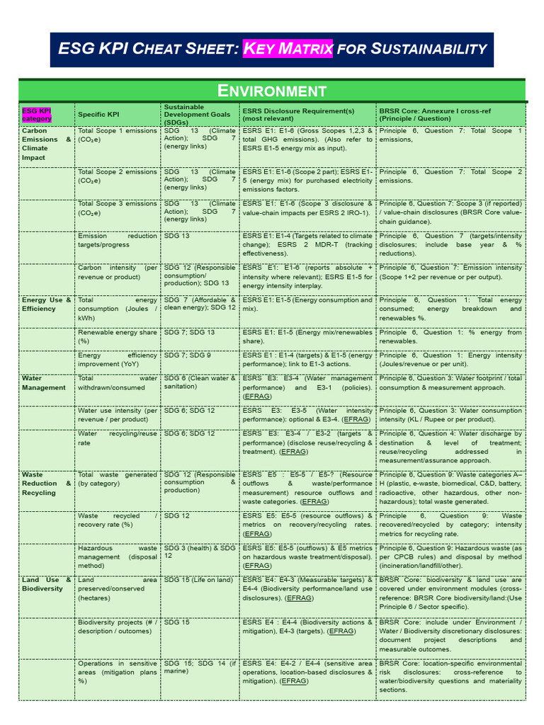 ESG KPI Cheat Sheet_ Key Matrics for Sustainability | PDF | Sustainability | Economies