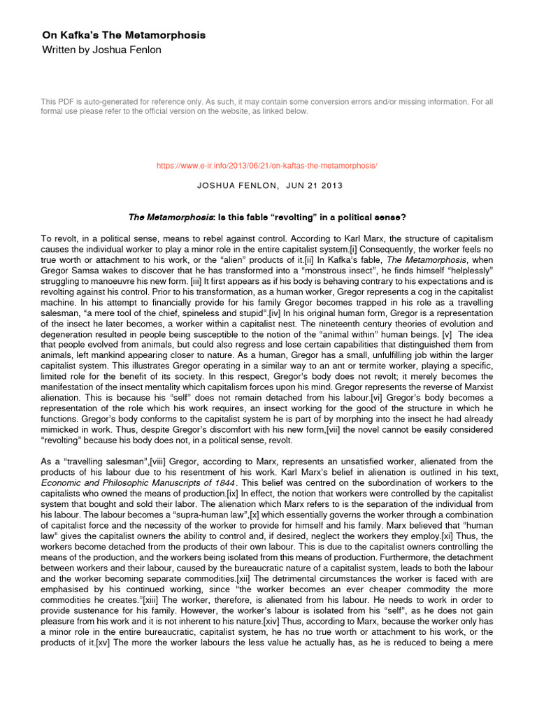 On Kafkas The Metamorphosis | PDF | The Metamorphosis | Marx's Theory ...