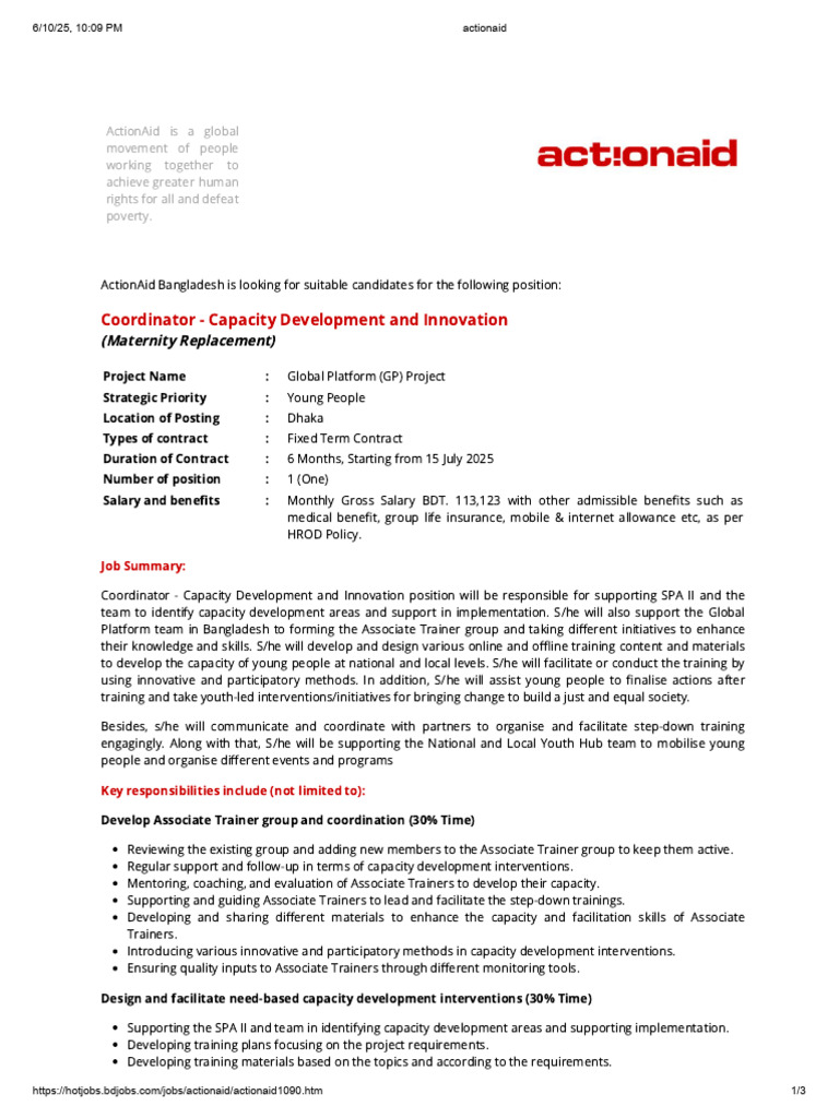 ActionAid Bangladesh: Capacity Development Coordinator Job | PDF ...