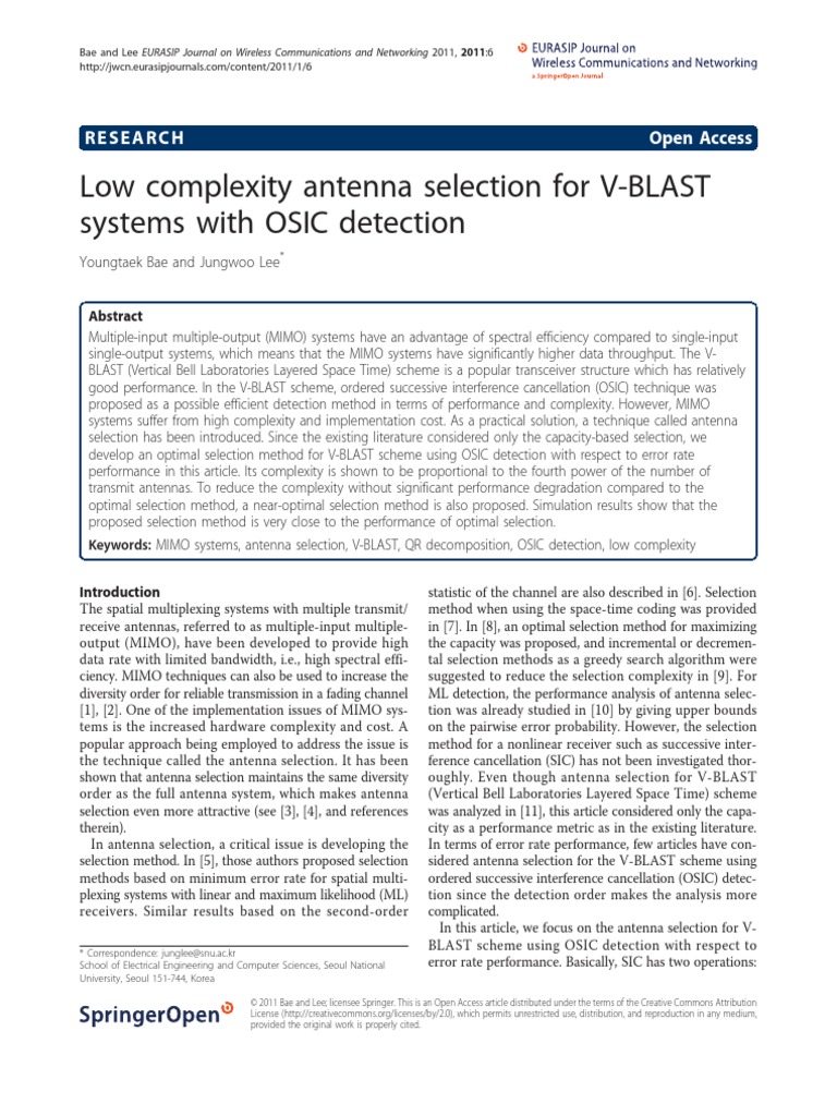 Low Complexity For Antenna Selection For V Blas Systems With Osic Detection Pdf Mimo