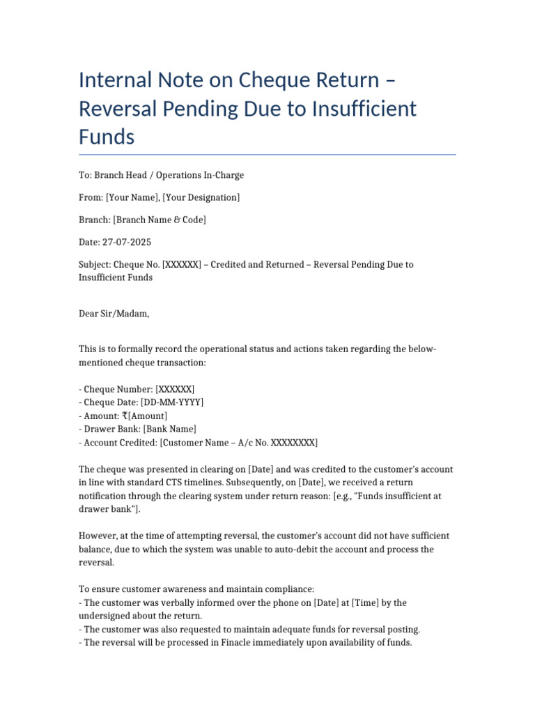 Inward Cheque Return: Reversal Status | PDF