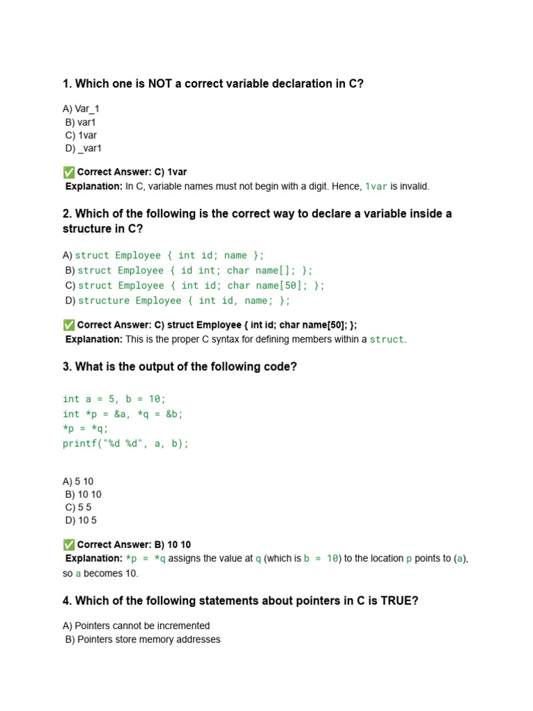 C Programming Variable and Pointer Quiz | PDF | Pointer (Computer ...