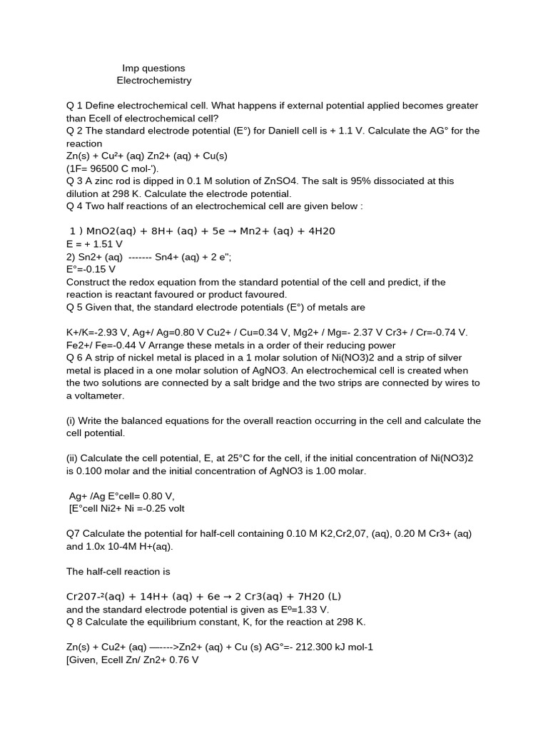 Electrochemistry Exam Questions and Solutions | PDF | Electrochemistry ...