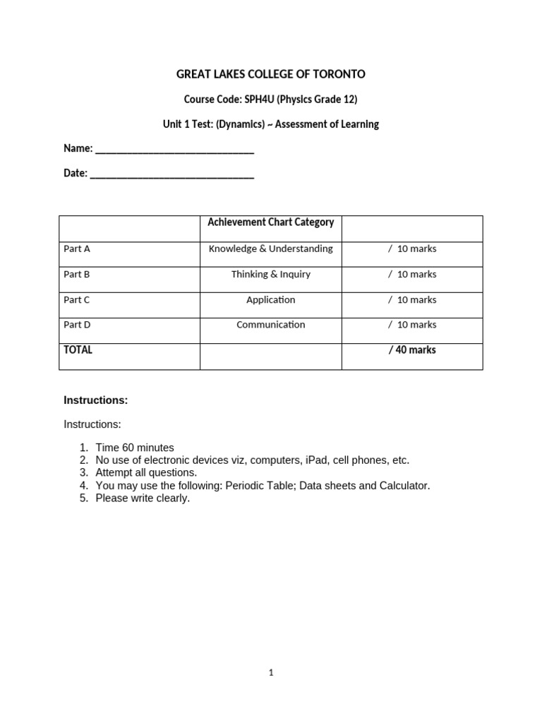 Unit 1 Test SPH4U Dynamics Apr 2025 | PDF | Force | Acceleration