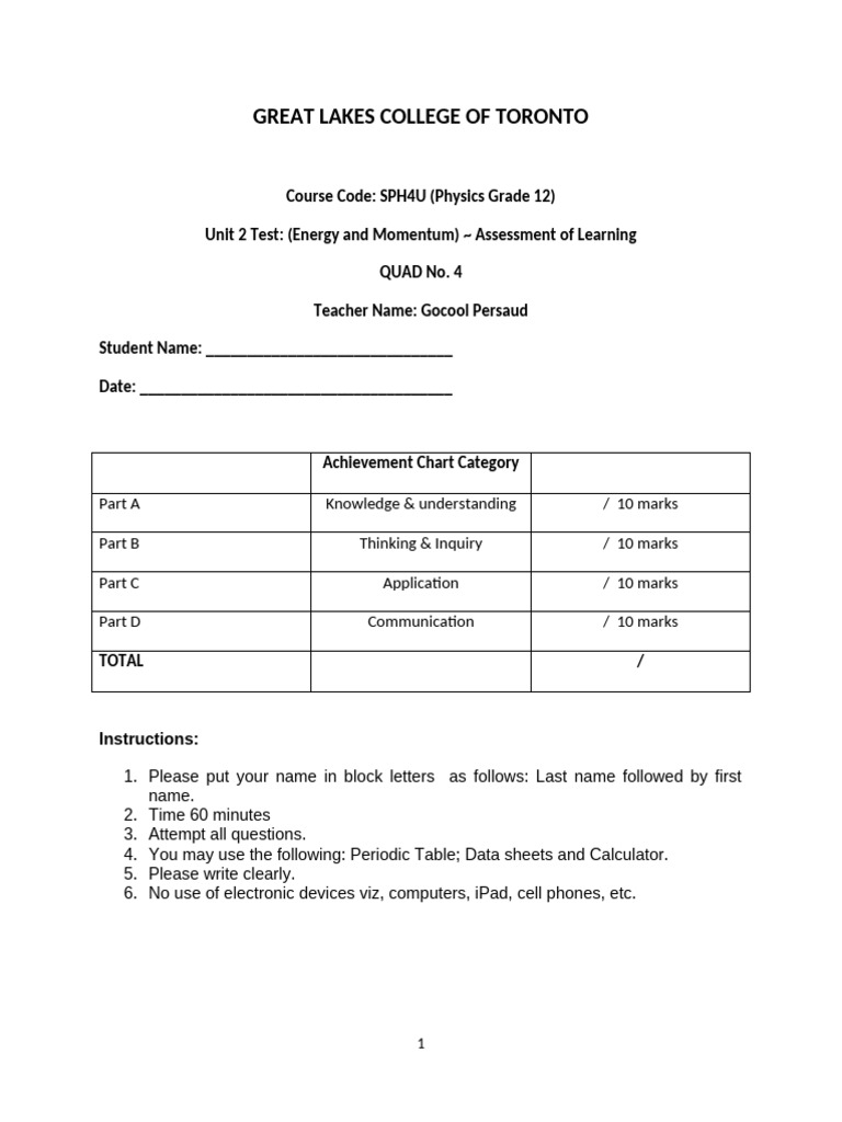 SPH4U Unit 2 Energy & Momentum Test | PDF | Kinetic Energy | Momentum