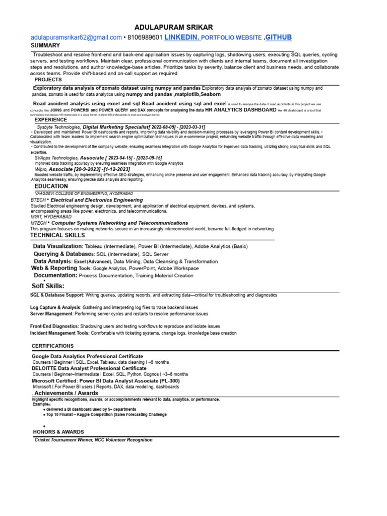 Resume Adulapuram Srikar Oracle | PDF | Data Analysis | Analytics