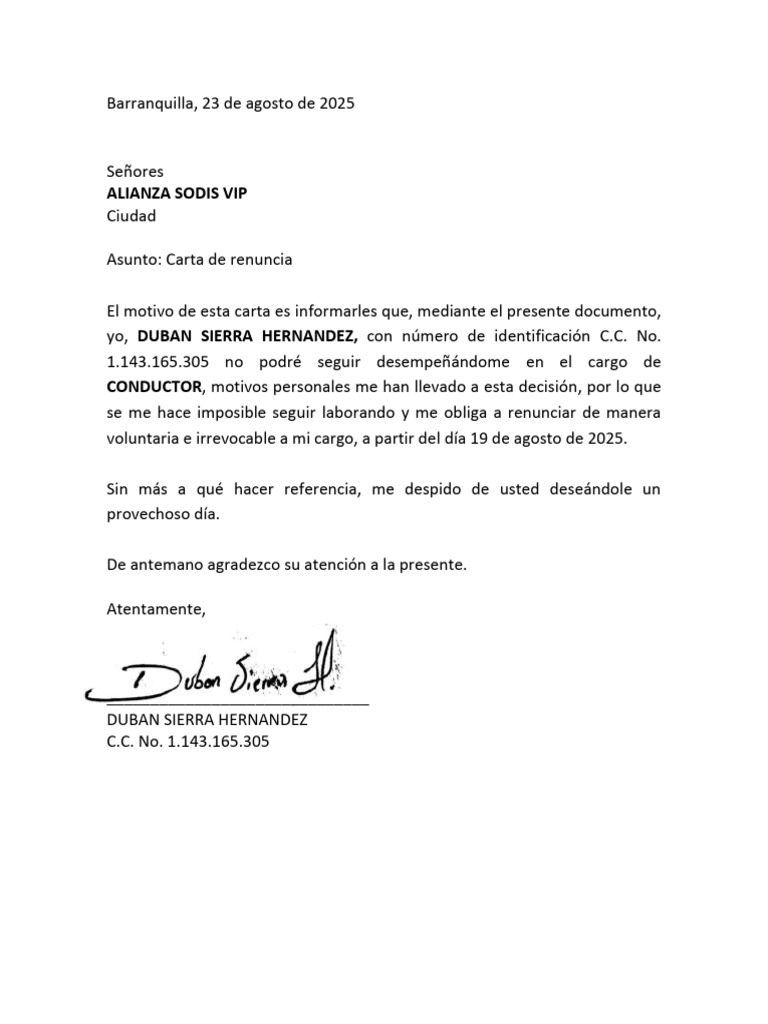 Carta de renuncia de Duban Sierra | PDF