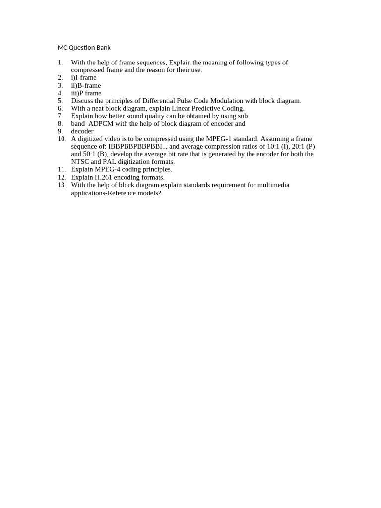Comprehensive MC Question Bank on Video Compression | PDF