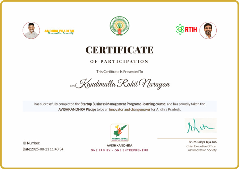 Shri Kandimalla Rohit Narayan - Certificate | PDF