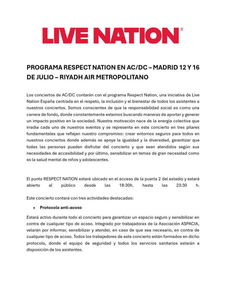 Programa Respect Nation en Conciertos AC/DC | PDF | Salud mental ...