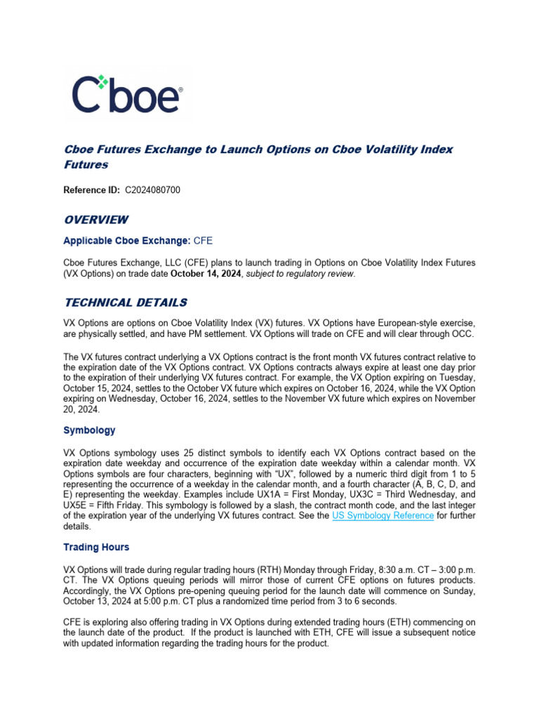 Cboe Futures Exchange To Launch Options On Cboe Volatility Index ...