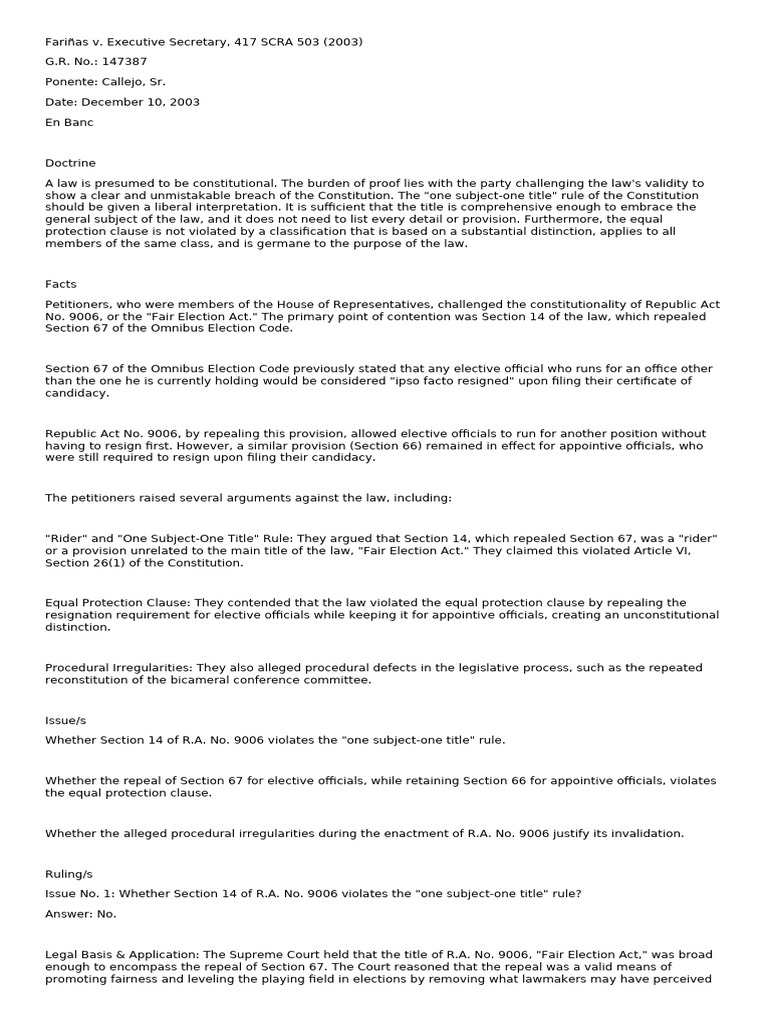 4 Farinas v. Executive Secretary, 417 SCRA 503 (2003) | PDF | Equal ...
