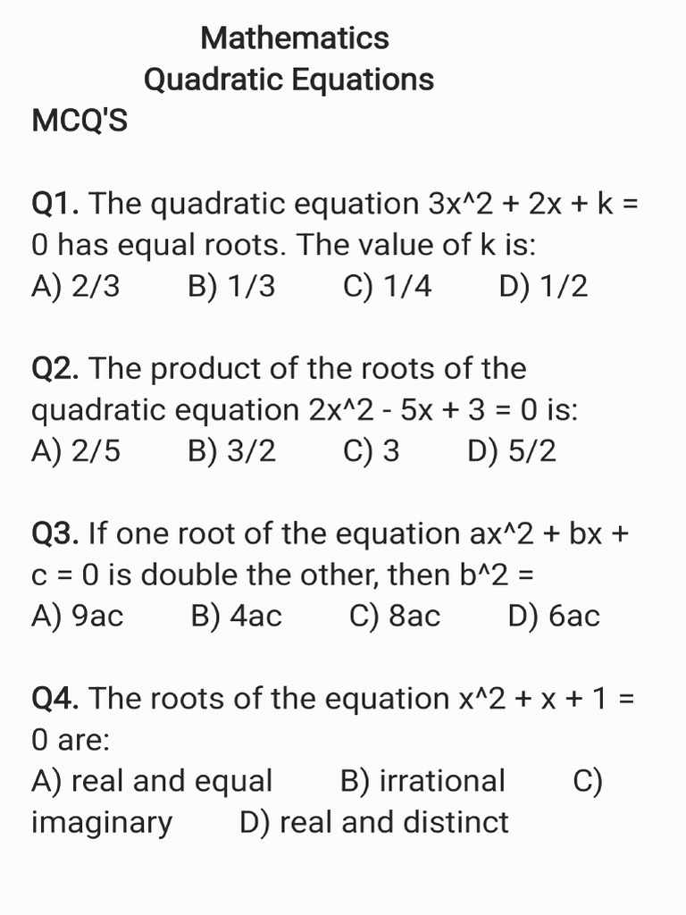 Quadratic Equations 15 MCQs | PDF