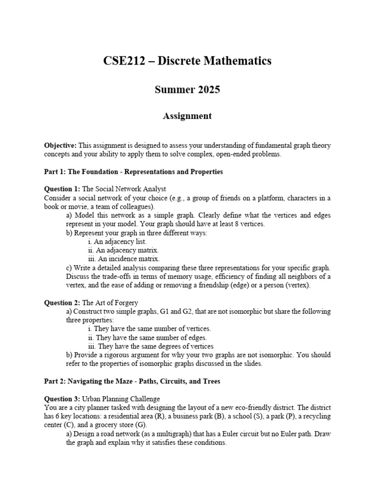 CSE212 Summer 2025 Assignment | PDF | Graph Theory | Vertex (Graph Theory)