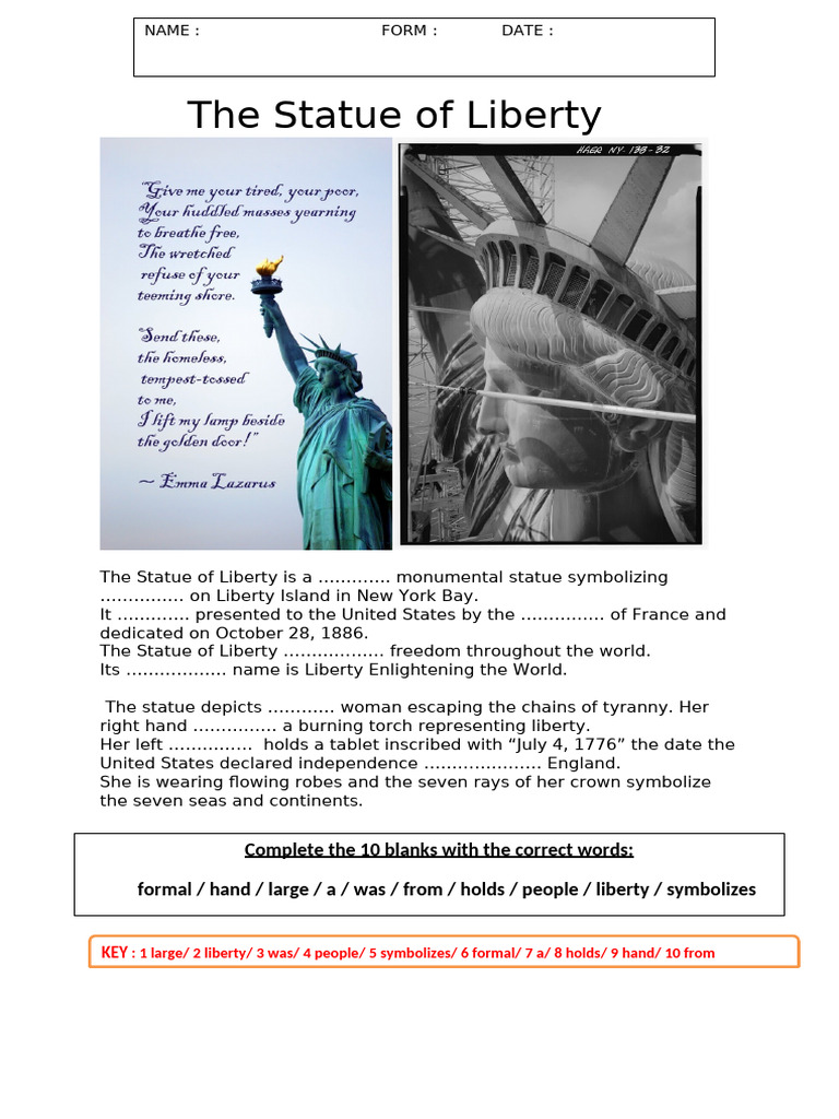 The Statue of Liberty Reading Comprehension Exercises Wordsearches ...