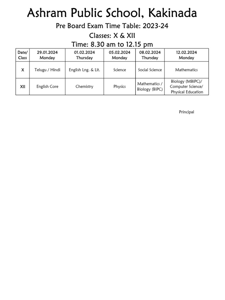 Pre Board Exams Timetable For X & XII 2024 | PDF