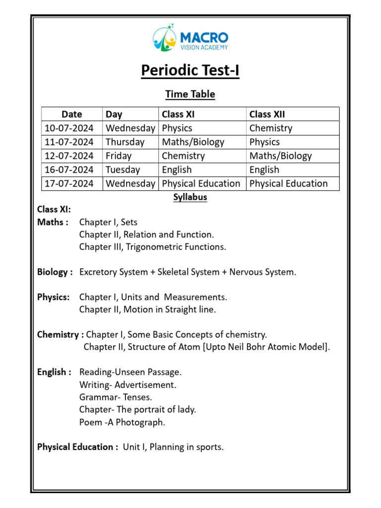 Class XI & XII Periodic Test Timetable | PDF
