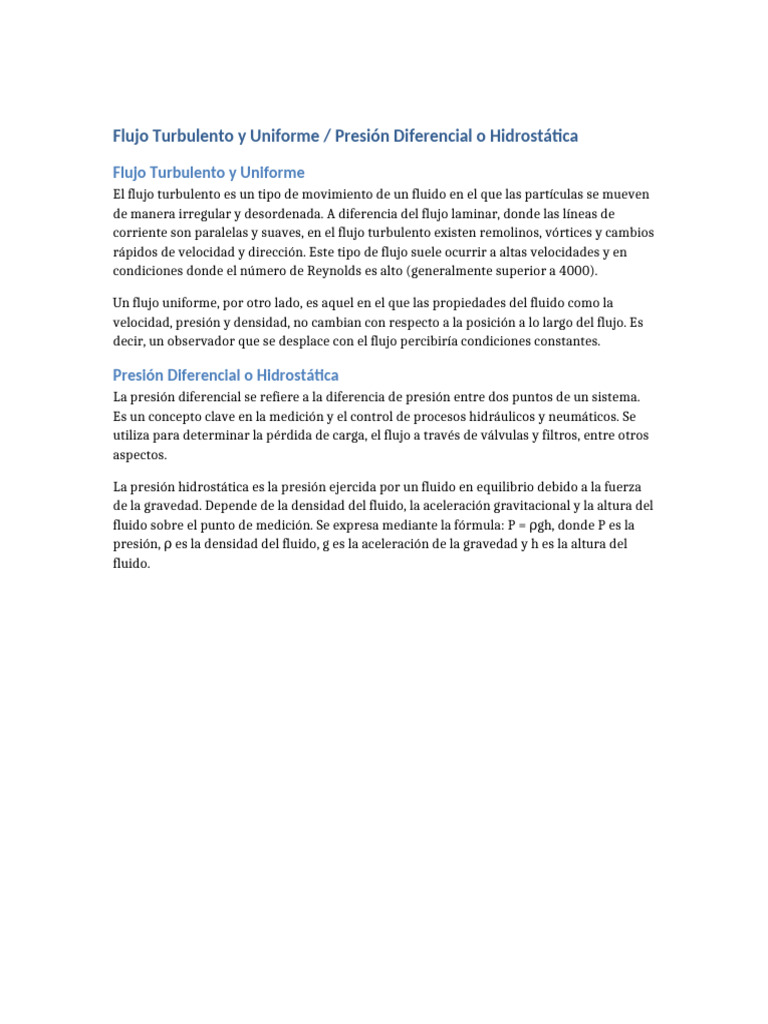Flujo Turbulento y Presión Hidrostática | PDF