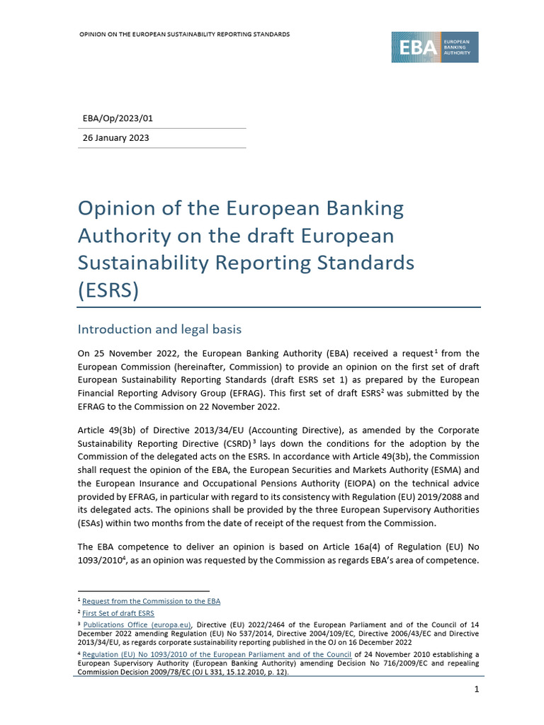4-EBA-Op-2023-01 (Opinion of The EBA On The Draft ESRS) | PDF | Business