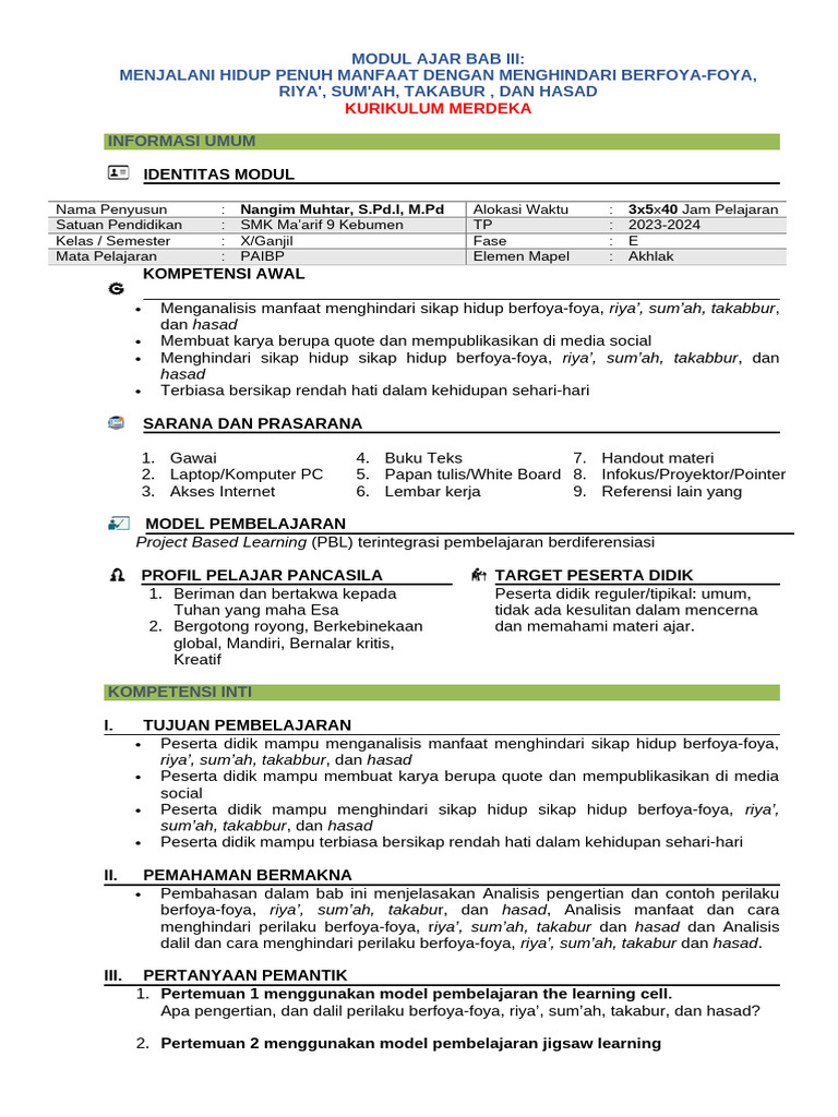 Modul Ajar Bab III Menjalani Hidup Penuh Manfaat Dengan Menghindari Berfoya-Foya, Riya', Sum'Ah ...