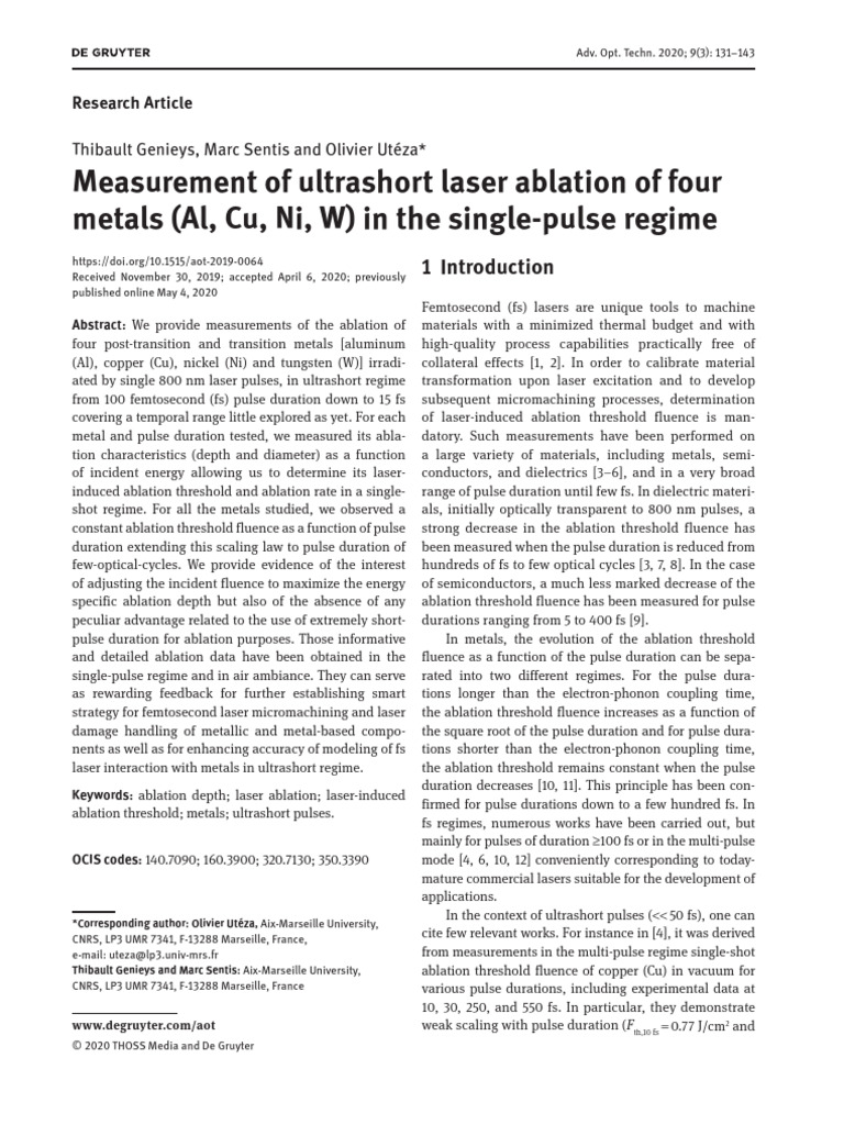 Measurement of Ultrashort Laser Ablation of Four Metals (Al, Cu, Ni, W ...
