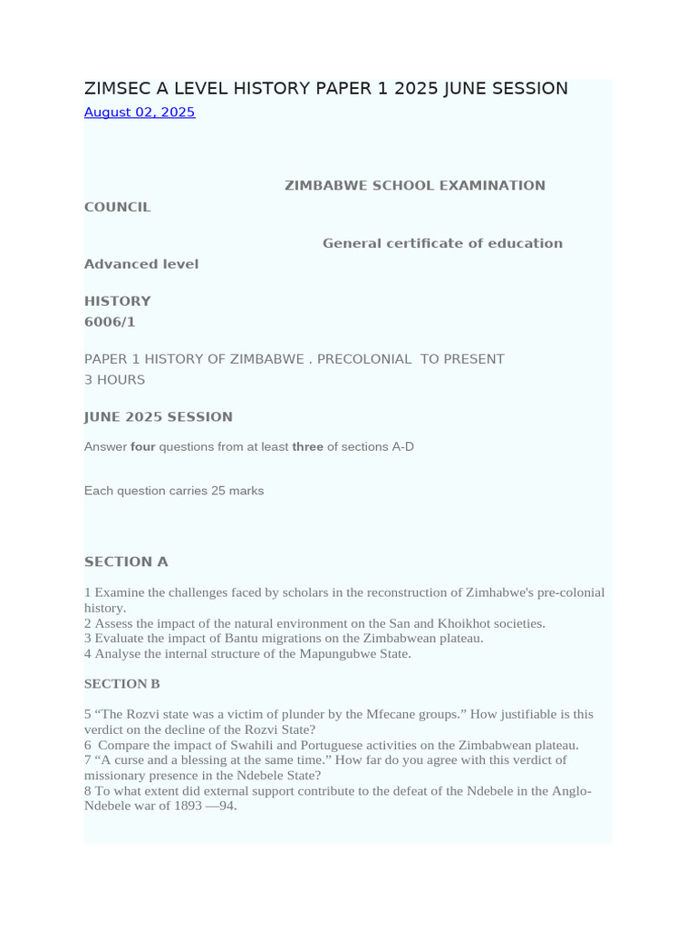 ZIMSEC A Level History Paper 1 June 2025 | PDF
