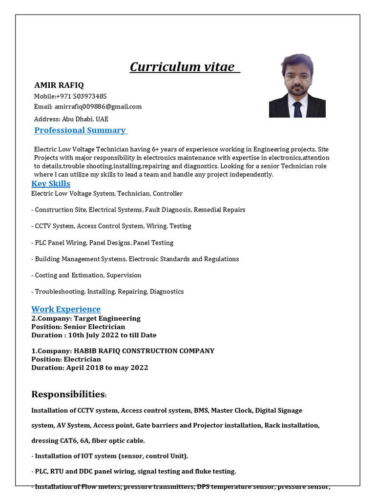 ELV Technician CV of Amir Rafiq | PDF | Electrician | Electrical Wiring
