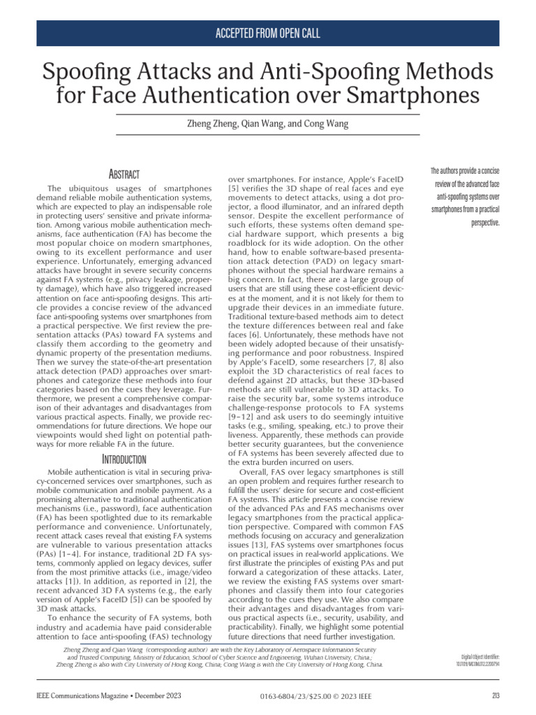 Spoofing Attacks and Anti-Spoofing Methods For Face Authentication Over Smartphones | PDF | 3 D ...