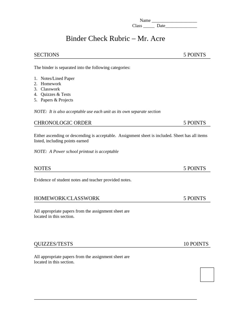 Binder Check Rubric for Students | PDF