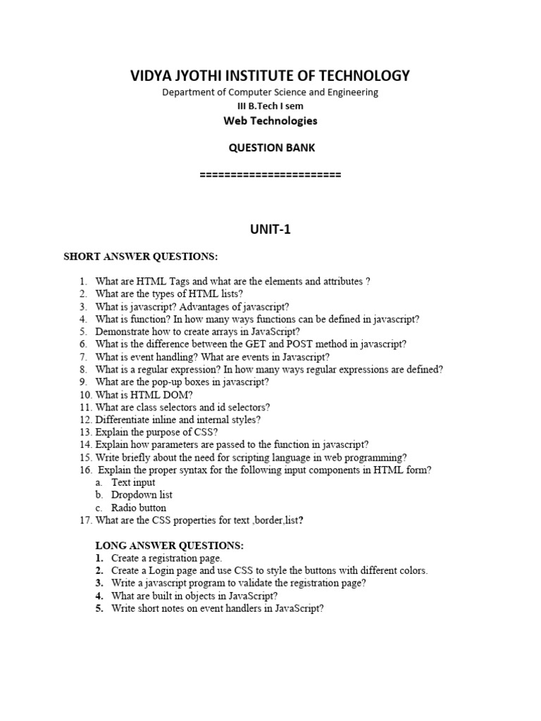 WT Question Bank | PDF | Xml | Html