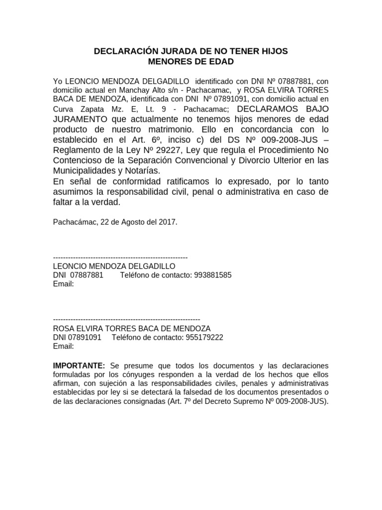 Declaración Jurada de No Tener Hijos Menores de Edad | PDF