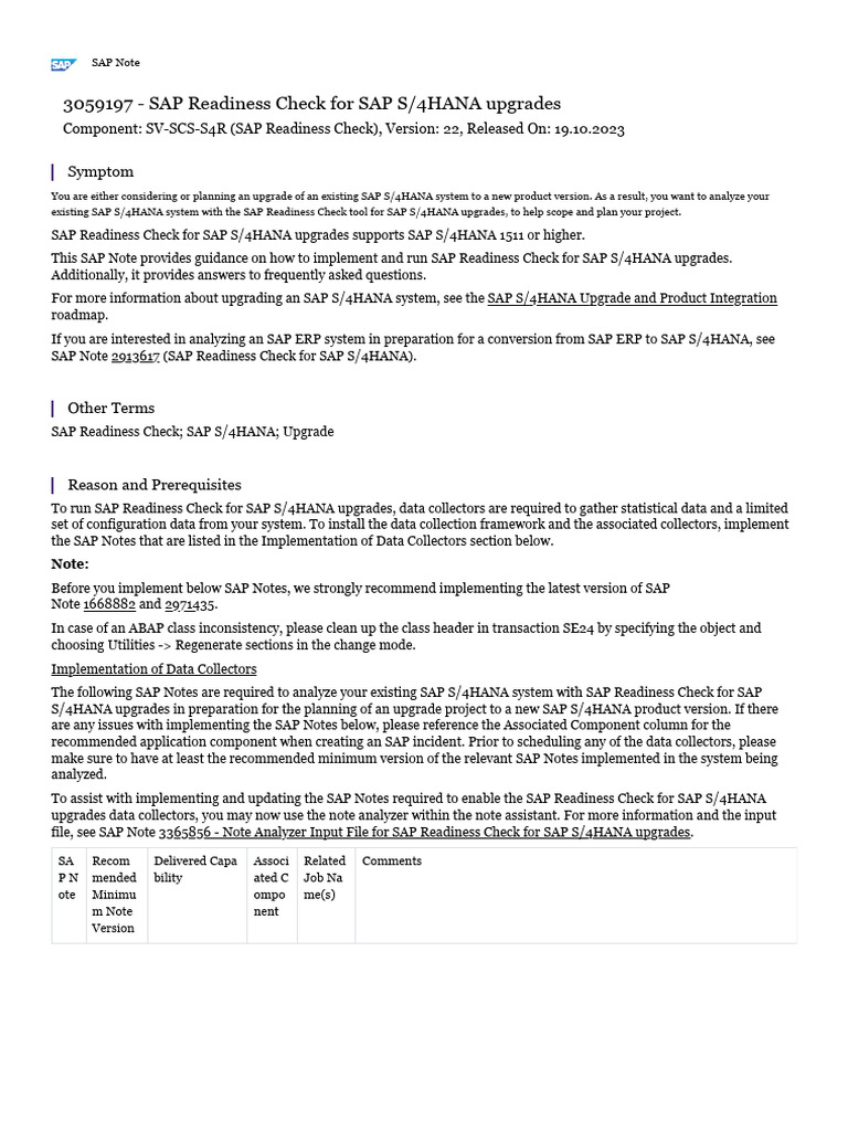 SAP Readiness Check for S/4HANA Upgrades | PDF | Xml | Databases
