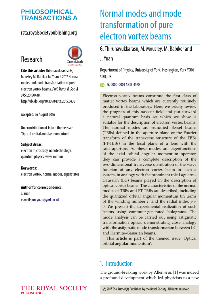Normal Modes and Mode Transformation of Pure Electron Vortex Beams ...