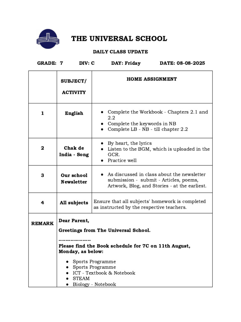 Grade 7C Daily Class Update | PDF