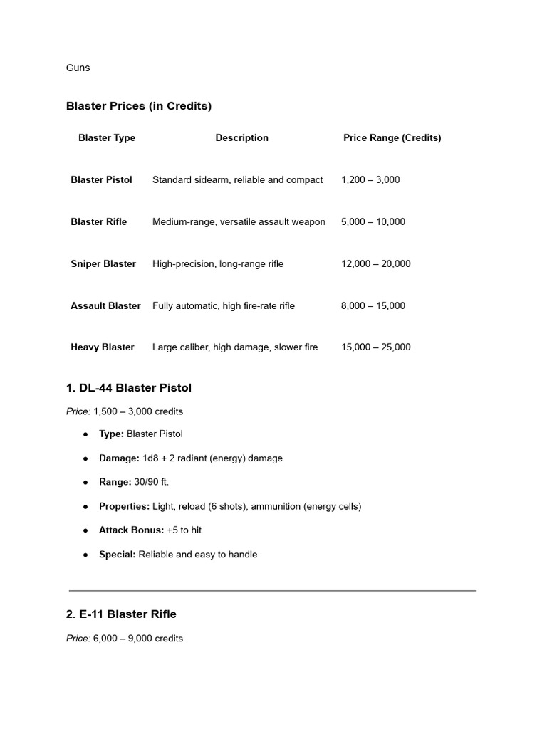 Blaster Gun Types and Prices Guide | PDF