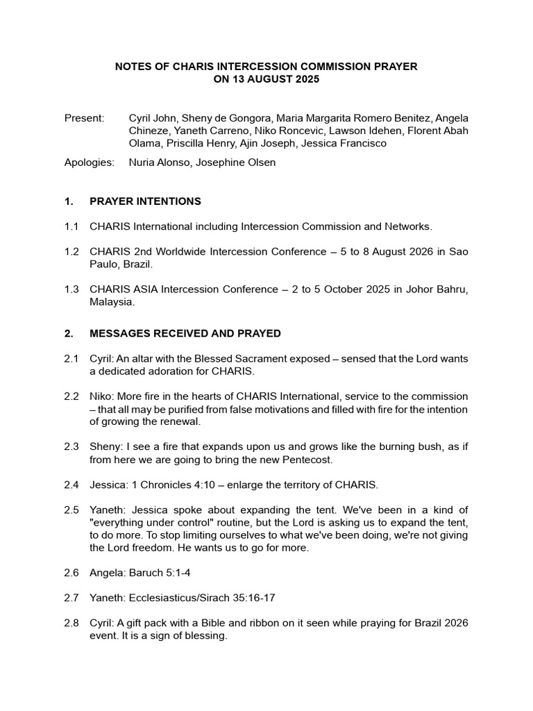 CHARIS Intercession Commission Prayer On 130825 | PDF | Prayer | Worship