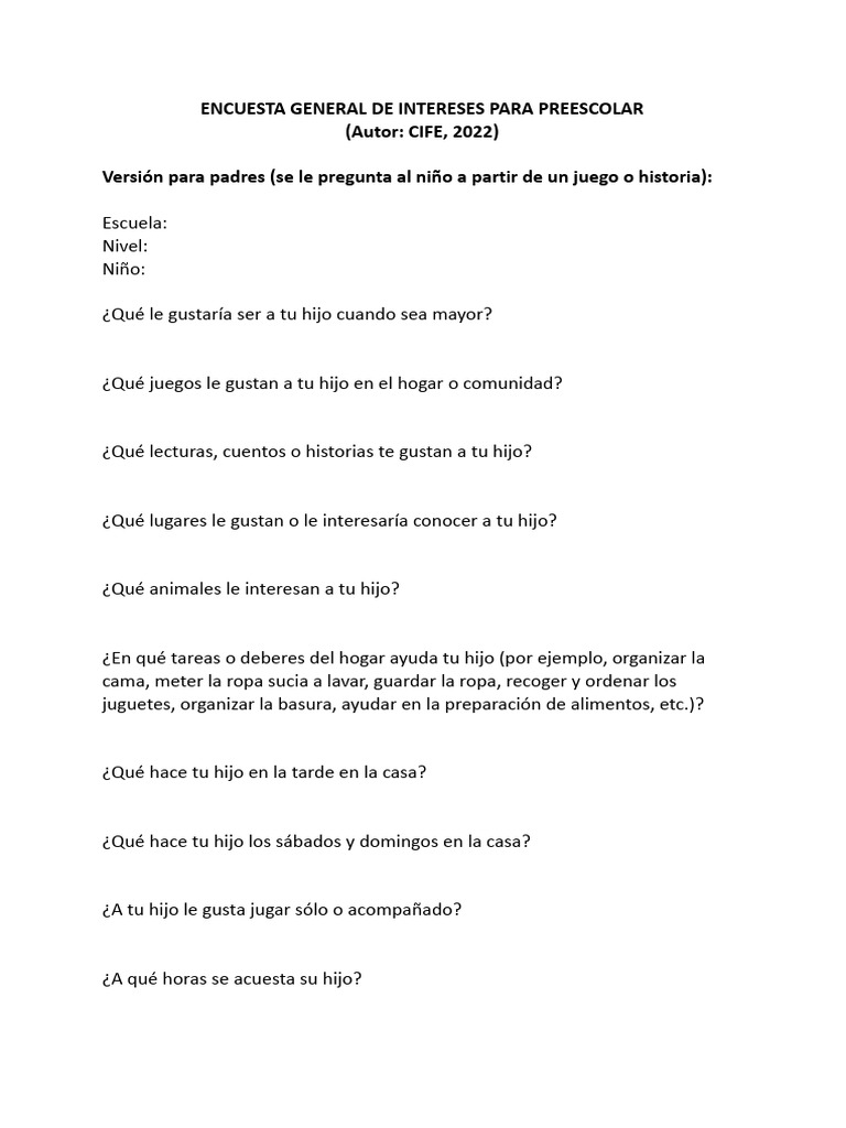 Encuesta de Intereses para Preescolares | PDF
