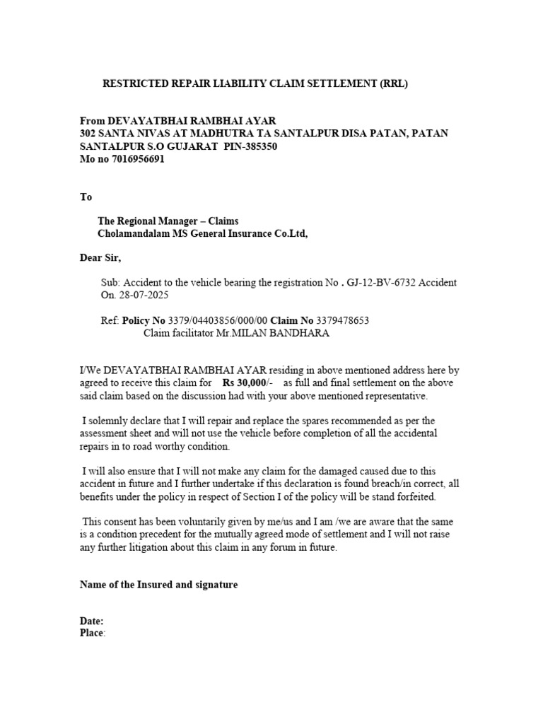 RRL Claim Settlement Agreement Template | PDF