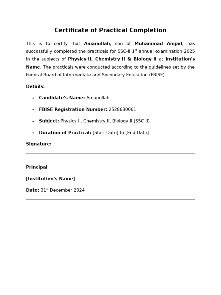 FBISE Practical Completion Certificate | PDF