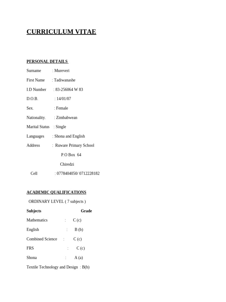 Ruware Primary School CV: Tadiwanashe Mureveri | PDF