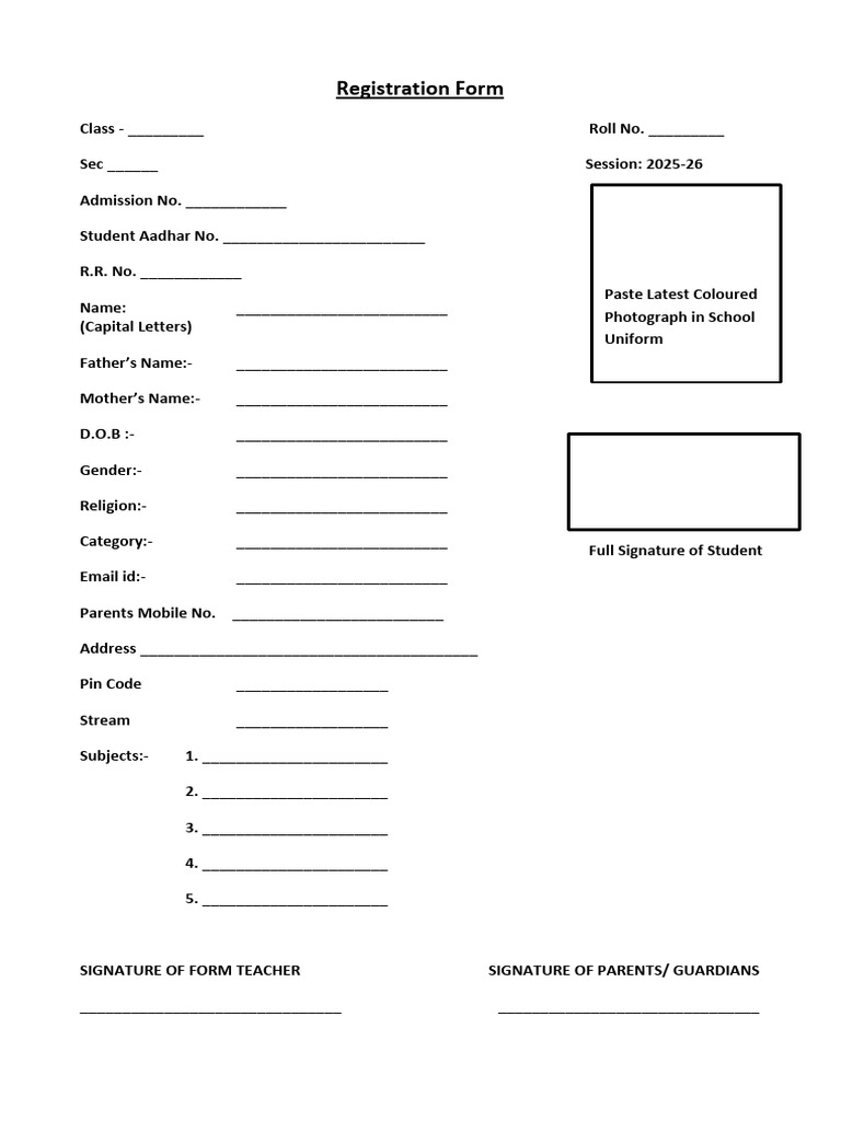 Registration Form 11th & 12th Class (2025-26) | PDF