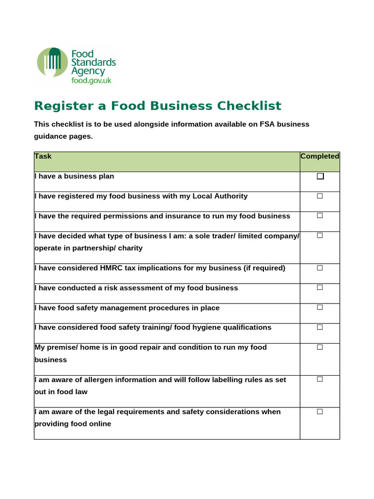 Starting Your Food Business Safely Checklist - 0 | PDF