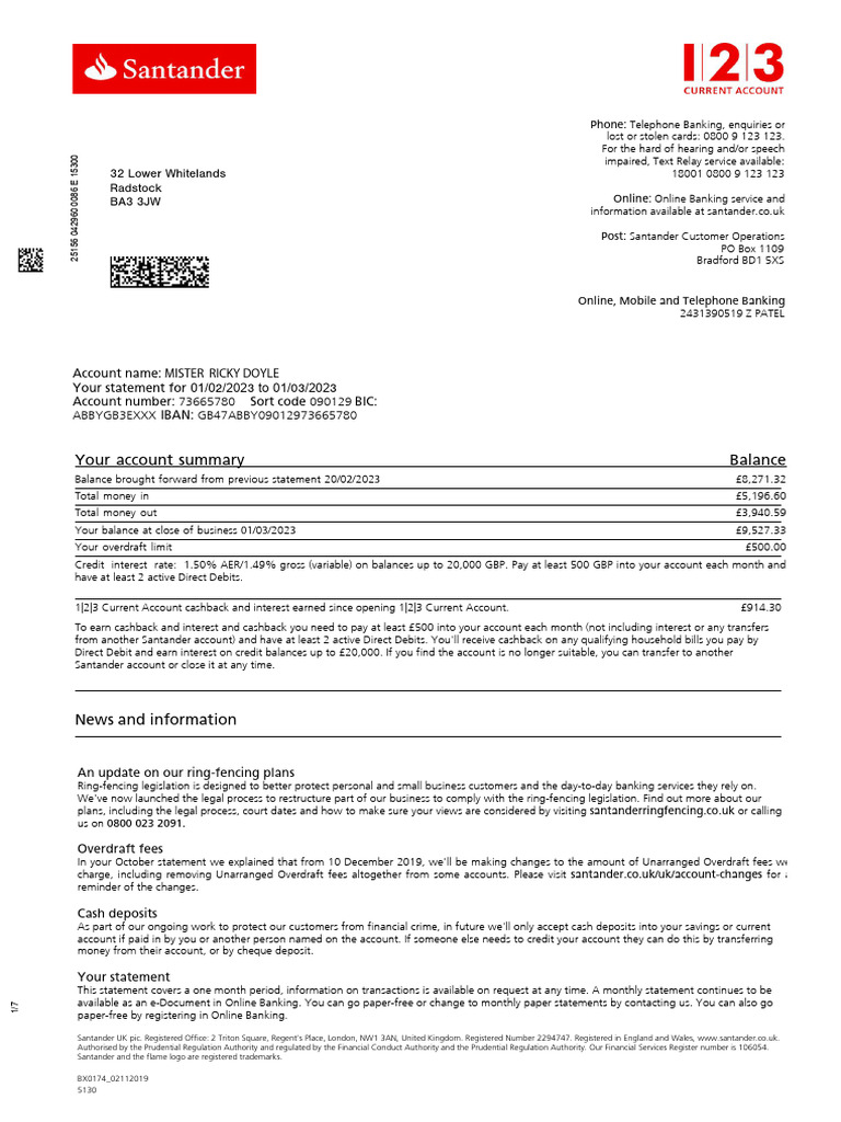 Santander Account Statement Summary | PDF | Overdraft | Credit Card