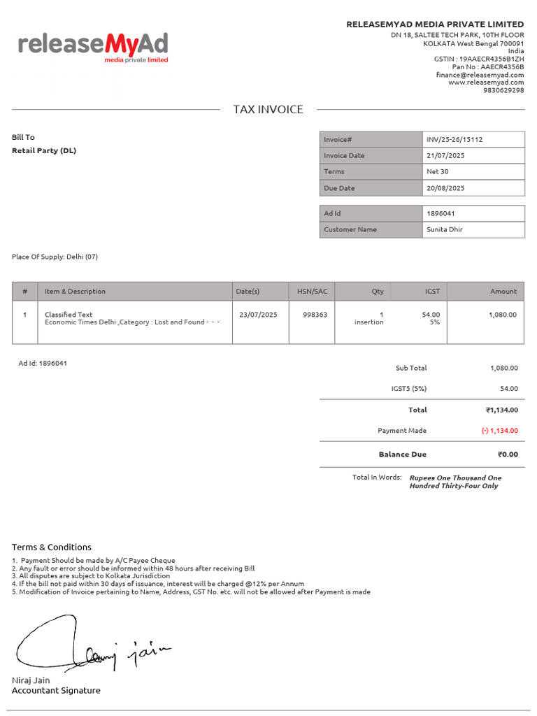 Invoice For News Paper Add | PDF | Payments | Taxes
