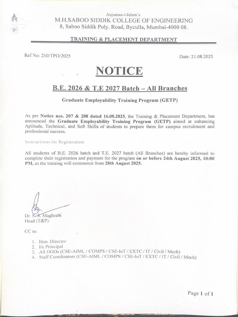 Notice TE and BE All Branches | PDF
