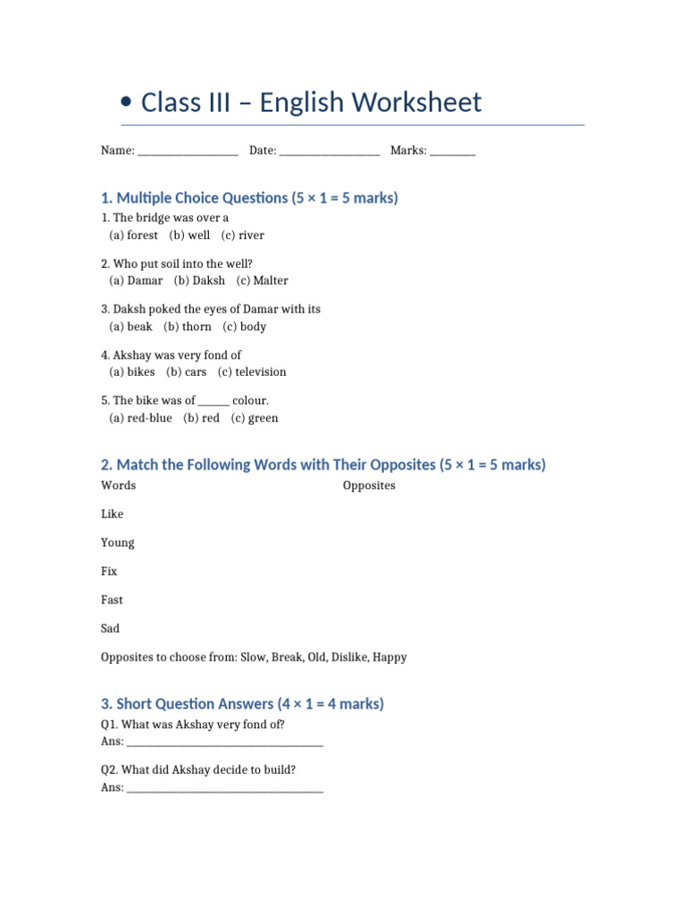 Class III English Worksheet | PDF