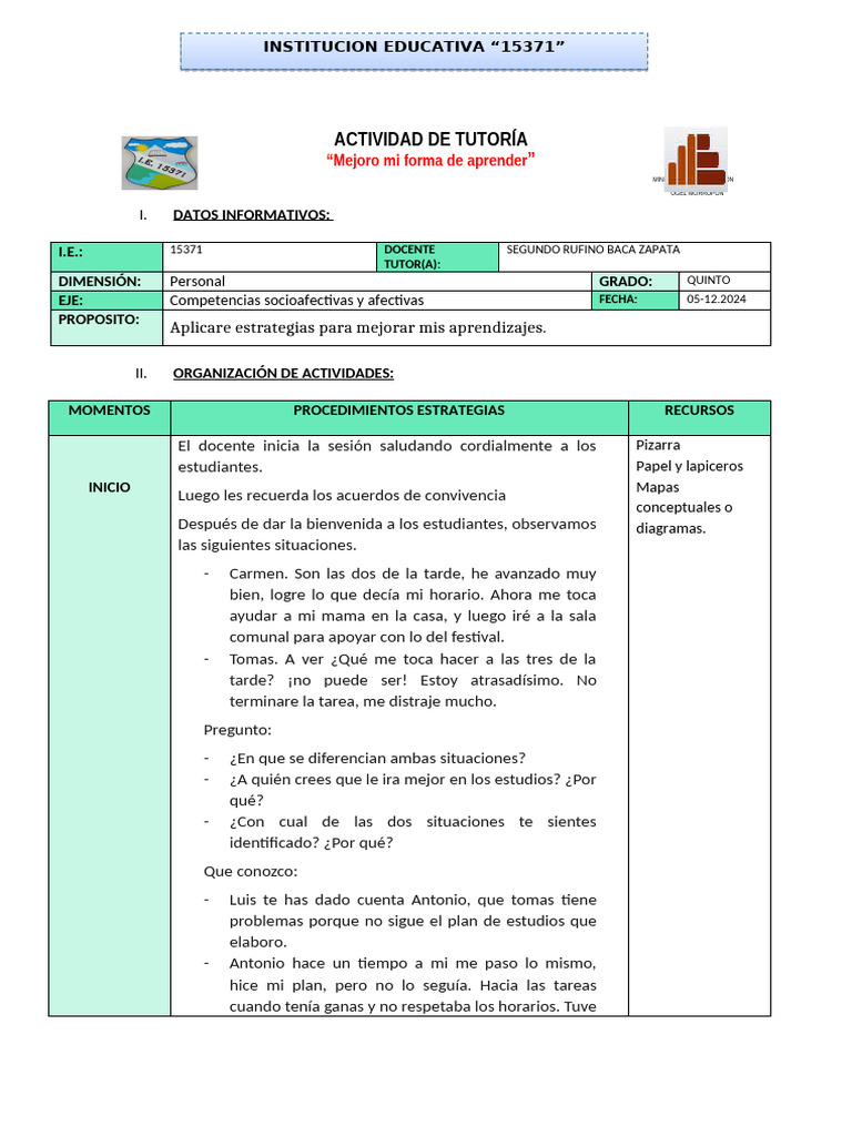 Sesion de Tutoria 29 Mejoro Mi Forma de Aprender | PDF | Plan de ...