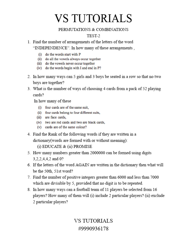 Permutations & Combinations Test-2 | PDF