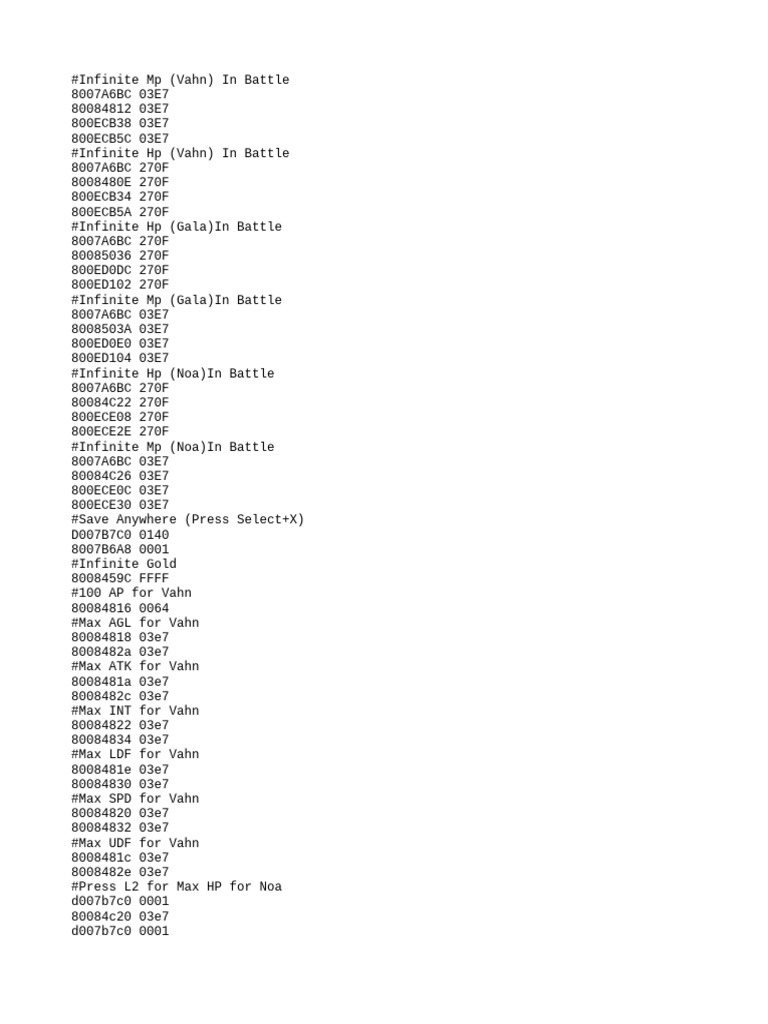 Vahn, Gala, Noa Cheat Codes Guide | PDF